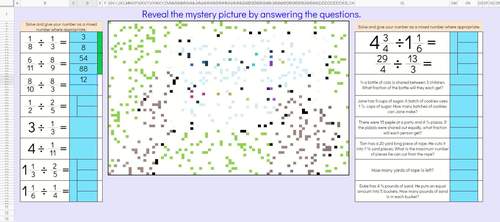 Digital Math Pixel Art Mystery Picture 6th Grade 6.NS.1 Dividing Fractions