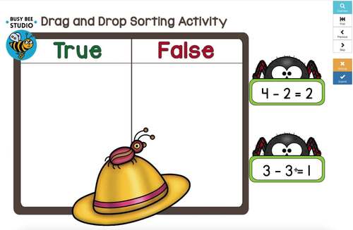 BOOM CARDS Basic Subtraction to 10 True or False Game by Busy Bee Studio