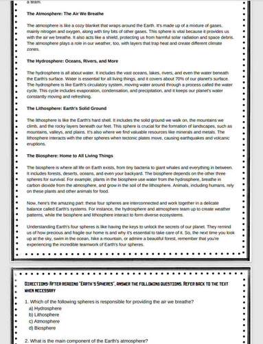 Earth's Spheres Reading Passage | Comprehension and Writing Worksheet