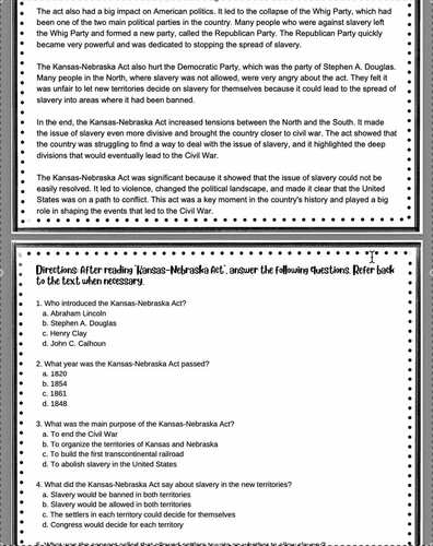 Kansas-Nebraska Act Reading Passage With Comprehension and Essay Questions