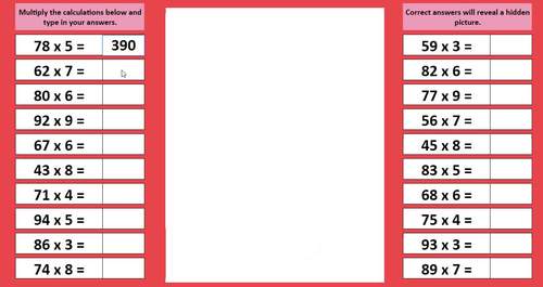 Digital Pixel Art NO PREP - Valentine Cat 2-digit by 1-digit Multiplication