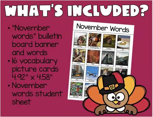November Thanksgiving Writing Monthly Words Bulletin Board ESL Newcomer ...