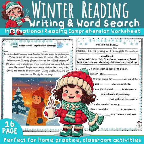 Winter Reading Comprehension Worksheet Set for Kids with Word Search ...
