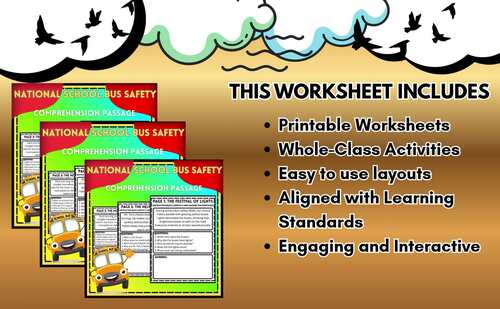 School Bus Safety Week Mini Passages & Questions |20 Engaging Reading ...