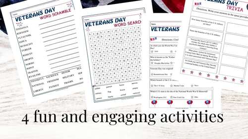 Veterans Day Activities - Veterans Day Word Search, Word Scramble & Trivia