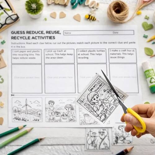 Guess the 3Rs Reduce Reuse Recycle Worksheets, Earth Day Cut and Paste ...