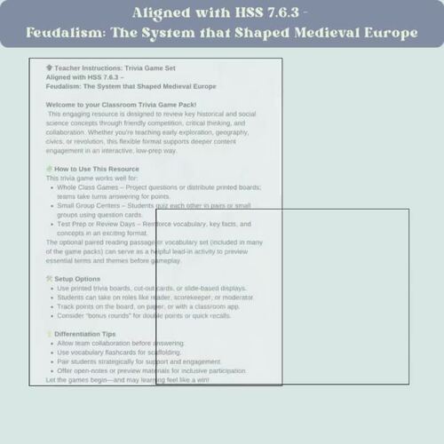 HSS 7.6.3 Trivia Game – Feudalism: The System that Shaped Medieval Europe
