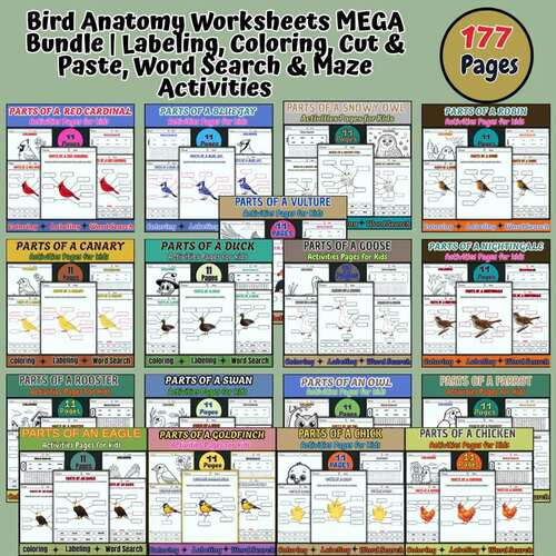 Bird Anatomy Worksheets MEGA Bundle | Labeling, Coloring, Cut & Paste ...