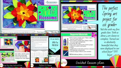 SPRING FLOWERS guided art lesson for 3D painted paper 1st-3rd grade
