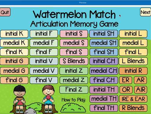 Watermelon Match Articulation Memory Game Boom Cards™ Speech Therapy ...