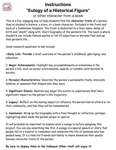 Character Traits Eulogy Tombstone Activity by Texas History for Kids