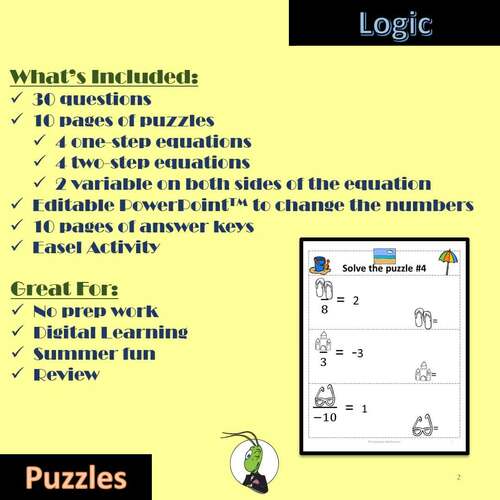 Summer Solving One and Two Step Equations | Logic Puzzles | Algebra 1