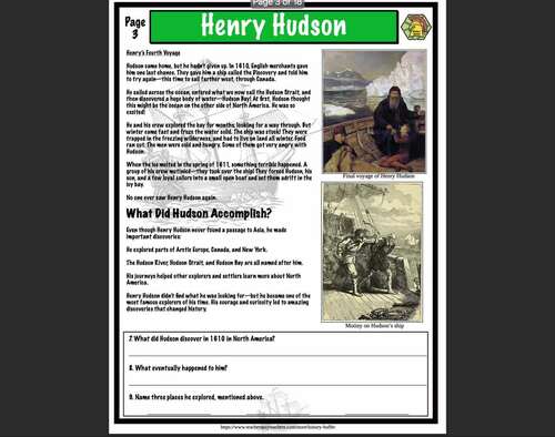 Henry Hudson – Northwest Passage Exploration Game & Worksheets | 2nd Grade
