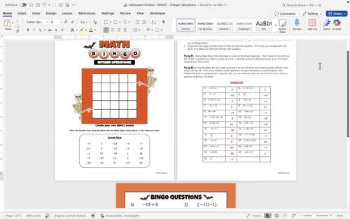6th/7th Grade Halloween Math Activity Integer Operations Review Game