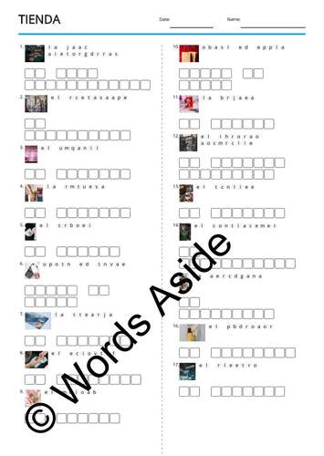 Spanish Vocabulary Worksheet Card Crossword Word Search Anagram SHOP