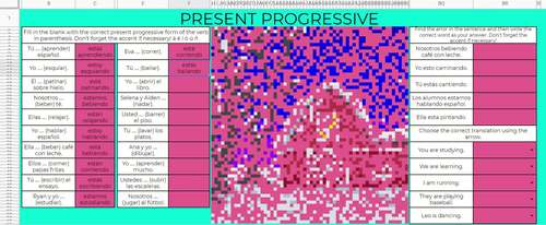 Regular Present Progressive Verbs Mystery Picture Winter Spanish Pixel Art