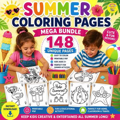 Summer Coloring Worksheets Bundle Activities 148 Printable Pages for Kids