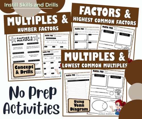 Factors, Multiples, GCF and LCM using Venn Diagram Practice Worksheets ...
