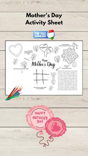 Mothers Day Activity Printable Placemat, Coloring Page Sheet, Games Mat,