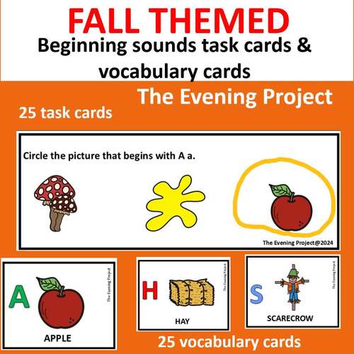 Fall themed vocabulary cards and beginning sounds task cards for K & Sp ...