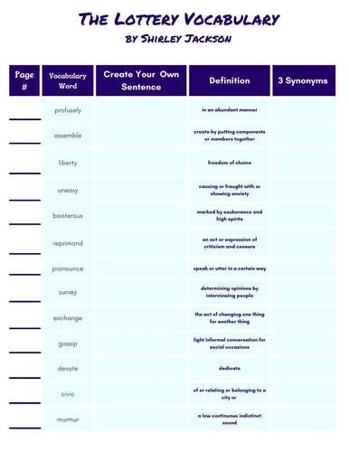 The Lottery Vocabulary Activities | No-Prep Synonyms, Crossword & Word ...
