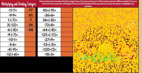Multiplying and Dividing Integers Thanksgiving Fall Math Pixel Art