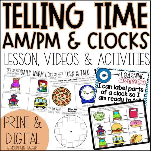 AM and PM and Parts of a Clock Worksheets | Telling Time Activities