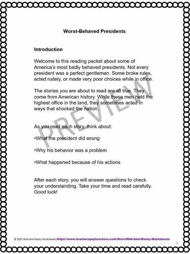 Worst-Behaved Presidents of the U.S: Pre-GED Reading Packet-4th-5th ...