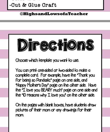 Cute Panda PUN Mother's Day Card Templates (Color & BW/ Cut & Glue Craft)