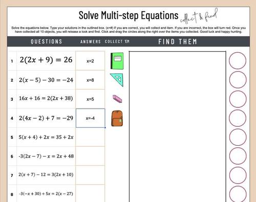 Solve Multi-step Equations self checking Collect and Find for Google ...