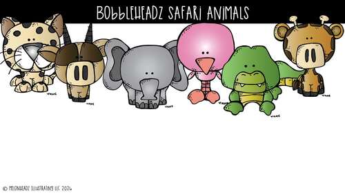 Safari Animals clip art, Bobbleheadz COLORED Version by Melonheadz Clipart