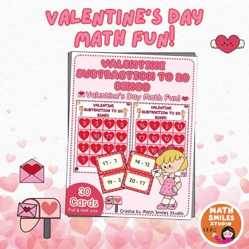 Valentine Subtraction to 20 Bingo (4x4) | Math Center Game for 1st ...