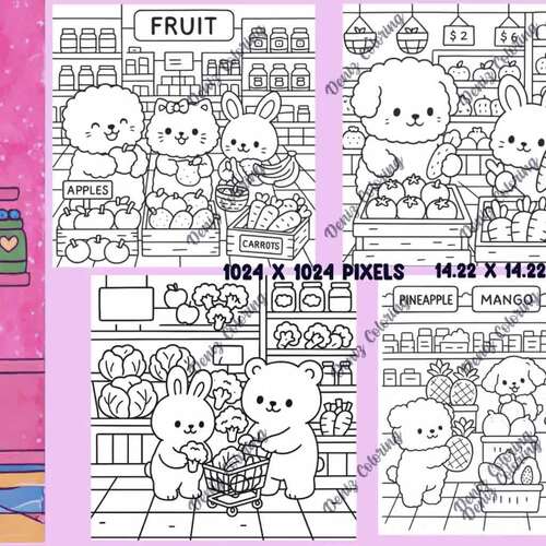 Adorable Grocery Store Coloring Book for Kids, Cute Animals, Kawaii Food