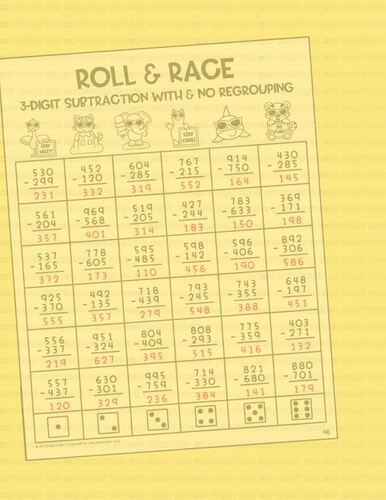 Roll & Race 3 Digit Subtraction WITH & WITHOUT Regrouping Summer Math ...
