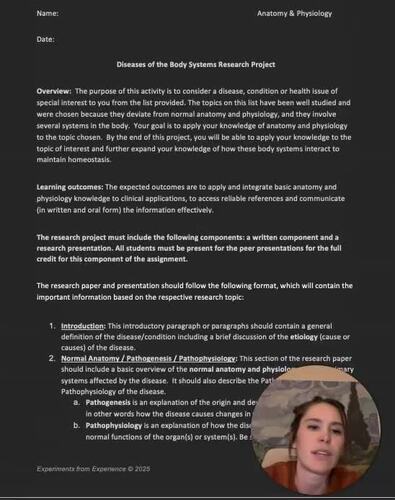 High School Anatomy & Physiology Body Systems Disease Research Project