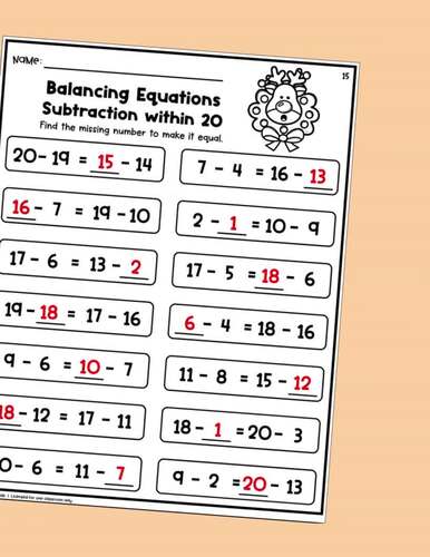 Rudolph Balancing Equations Subtraction Within 20 | Christmas Math ...