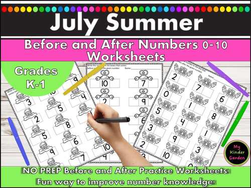July Summer Before and After Missing Numbers 0-10 Worksheets | TPT