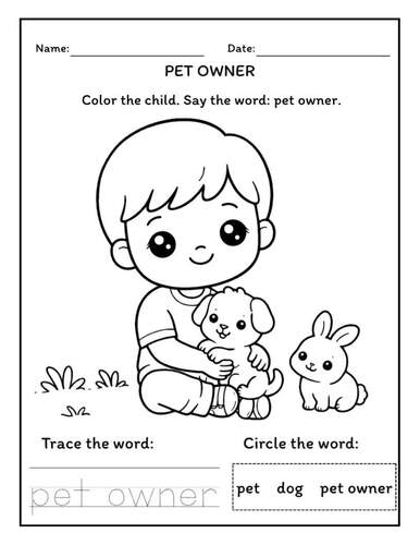 Pet Animals Vocabulary Worksheets | Coloring Tracing Circle the Word ...