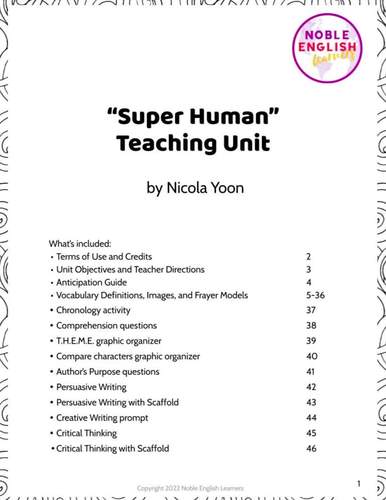 Culturally Relevant Short Story Teaching Guide "Super Human" by Nicola Yoon