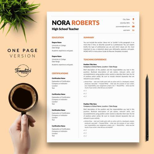 Perfect Teacher Resume - Nora Roberts / Teacher CV for MS Word & iWork ...