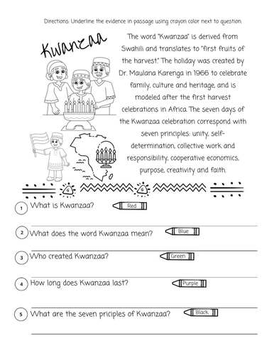 Kwanzaa Comprehension+Finding Text Evidence Worksheet/Celebrating ...
