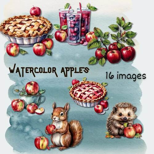 Watercolor Apple Clip Art Set, Red Apple Themed Digital Illustrations