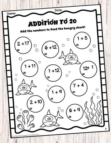 Shark Addition to 20 Worksheets | No Prep Math Fluency Practice for K–1