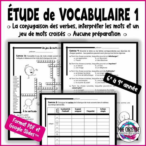 Étude de vocabulaire 1 I Exercices pour l'étude de mots I French Vocabulary