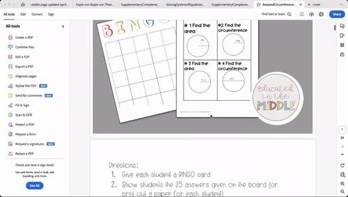 Area and Circumference of a Circle Activity: BINGO by Educated in the ...