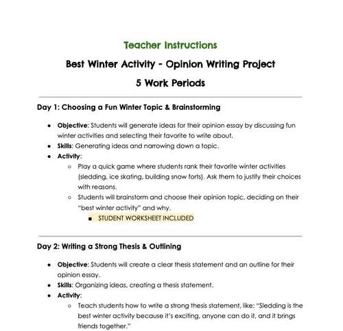 Winter Opinion Writing Activity: Fun 5-Day Lesson Plan | Grade 5 Language