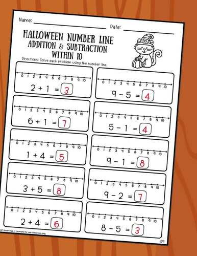 Halloween Number Line Addition and Subtraction Within 10 | Math Facts ...