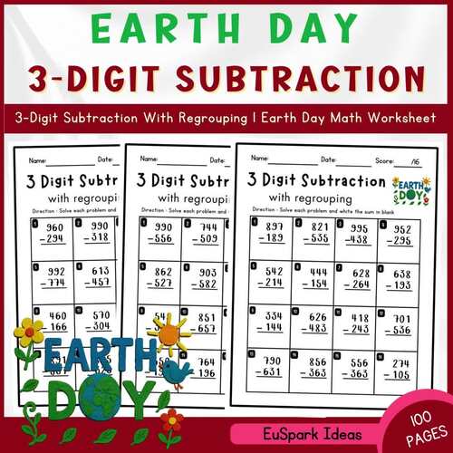 3-Digit Subtraction With Regrouping | Earth Day Math Worksheet | 2nd ...