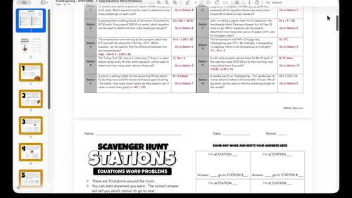 6th Grade Math Thanksgiving Activity STATIONS 1-step Equations Word ...