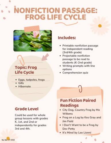 Frog Life Cycle (Nonfiction Passage, Writing Prompts, & Comprehension ...